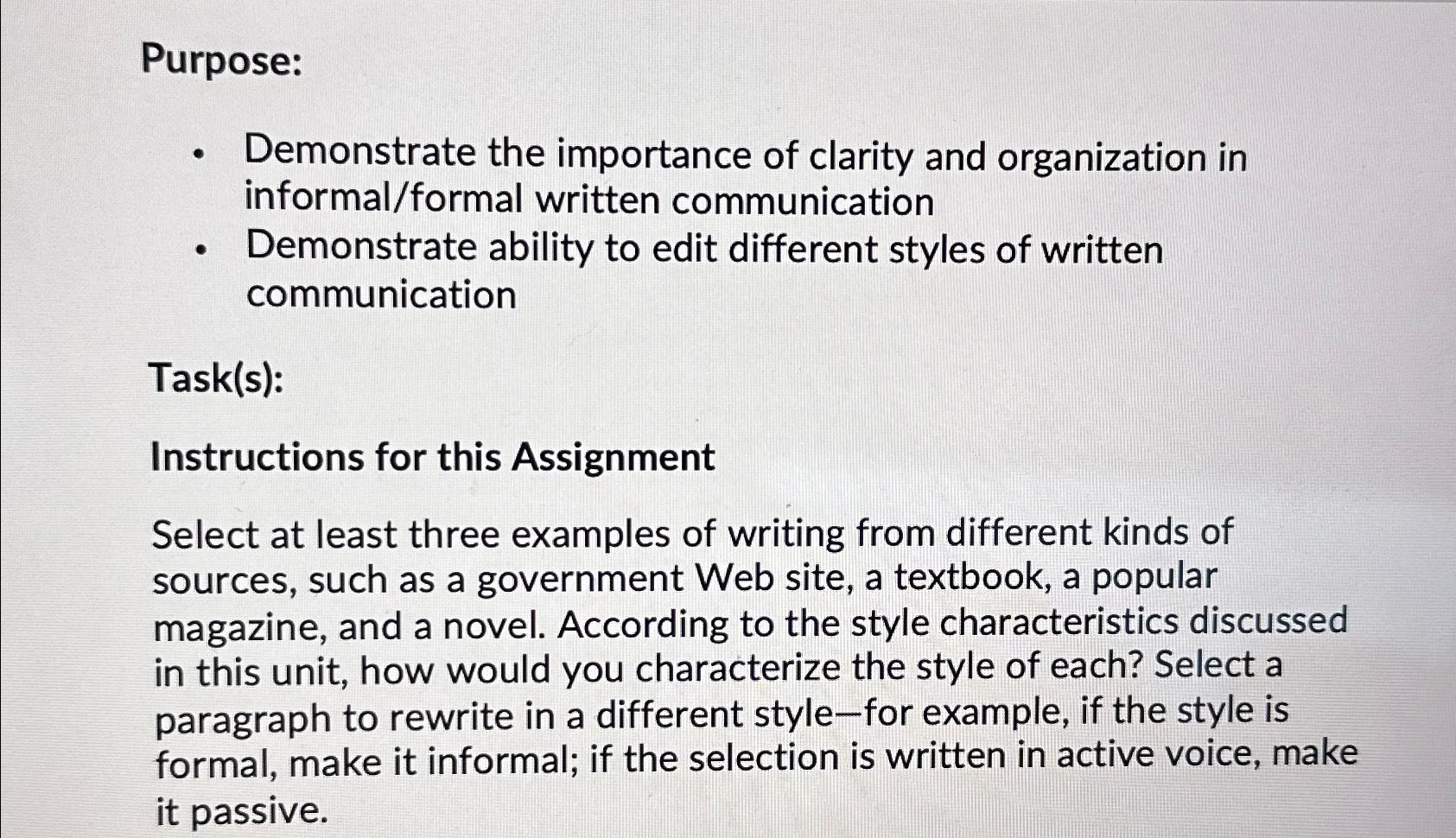 Solved Purpose:Demonstrate the importance of clarity and | Chegg.com