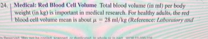Solved 24. Medical: Red Blood Cell Volume Total blood volume | Chegg.com