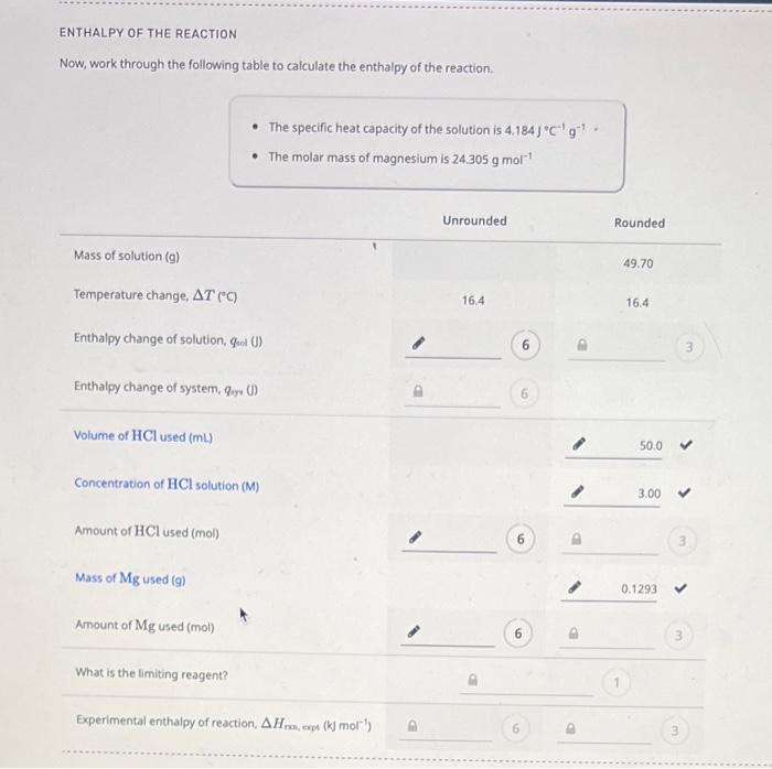 Solved ENTHALPY OF THE REACTION Now, work through the | Chegg.com