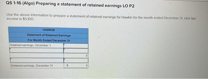 Solved QS 1-16 (Algo) Preparing a statement of retained | Chegg.com