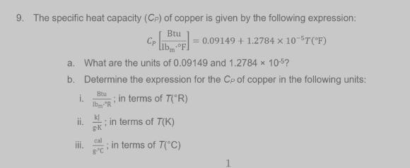 Solved The specific heat capacity (CP) ﻿of copper is given | Chegg.com