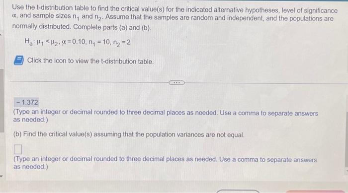 Solved Use the t-distribution table to find the critical | Chegg.com