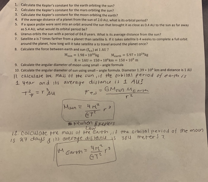 Solved 1. Calculate the Kepler's constant for the earth | Chegg.com