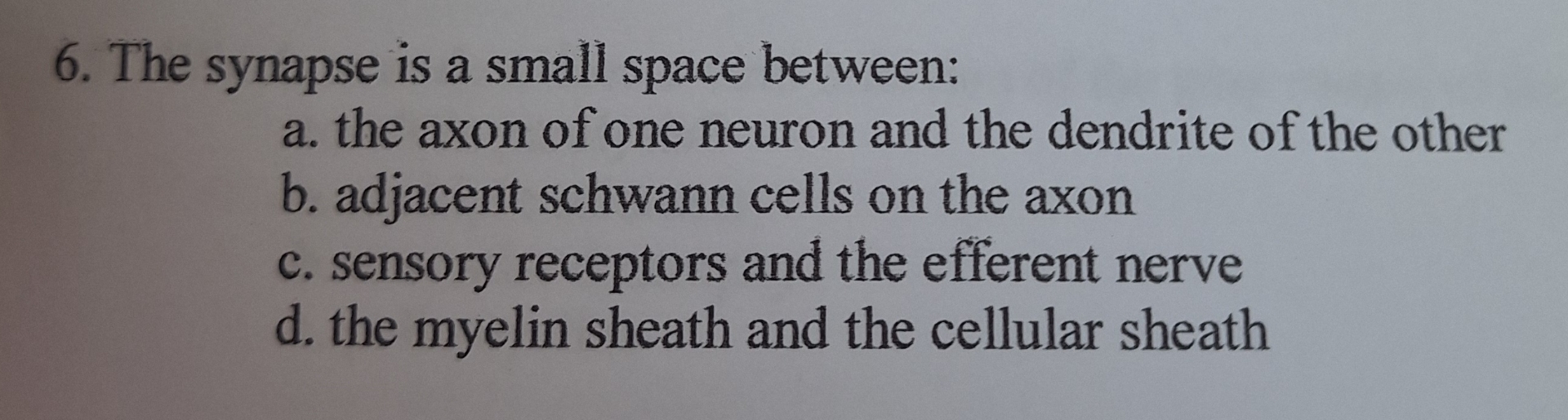 Solved The synapse is a small space between:a. ﻿the axon of | Chegg.com