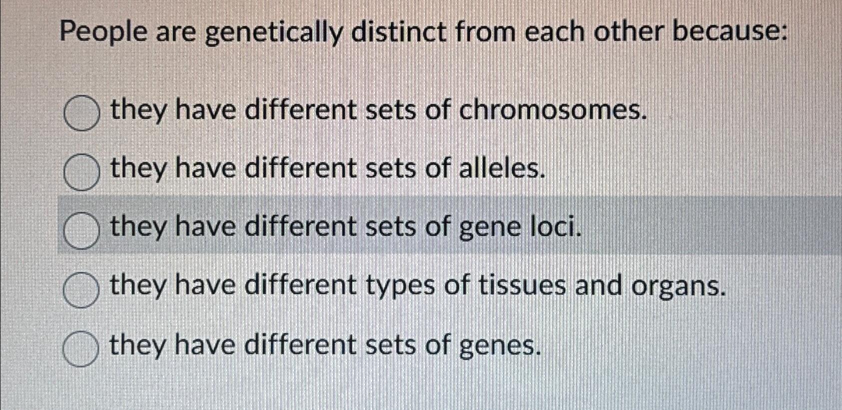 Solved People are genetically distinct from each other | Chegg.com