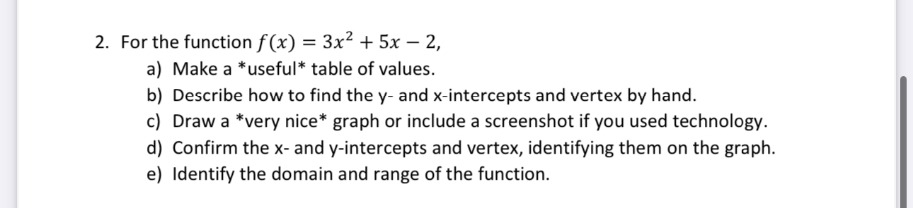 Solved For the function f(x)=3x2+5x-2,a) ﻿Make a table of | Chegg.com
