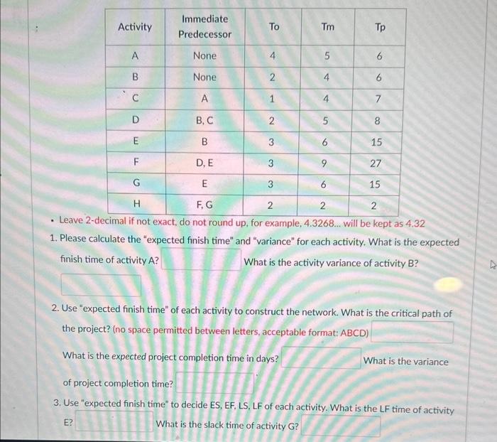 Solved 1. Please calculate the "expected finish time" and | Chegg.com