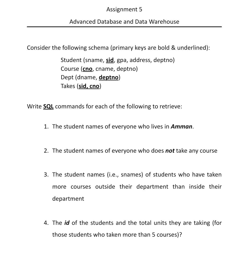 Solved Assignment 5 Advanced Database and Data Warehouse | Chegg.com