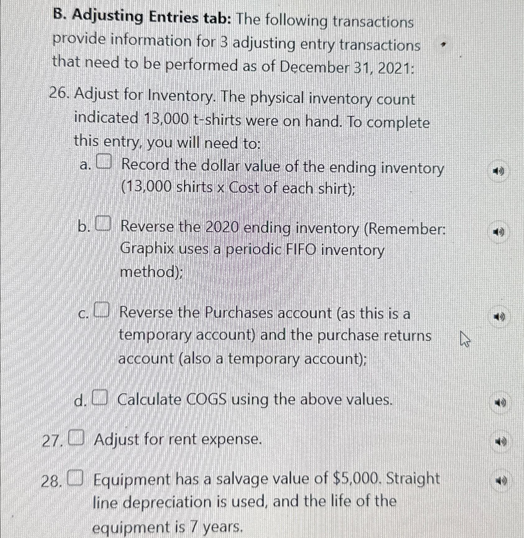Solved B. ﻿Adjusting Entries tab: The following transactions | Chegg.com
