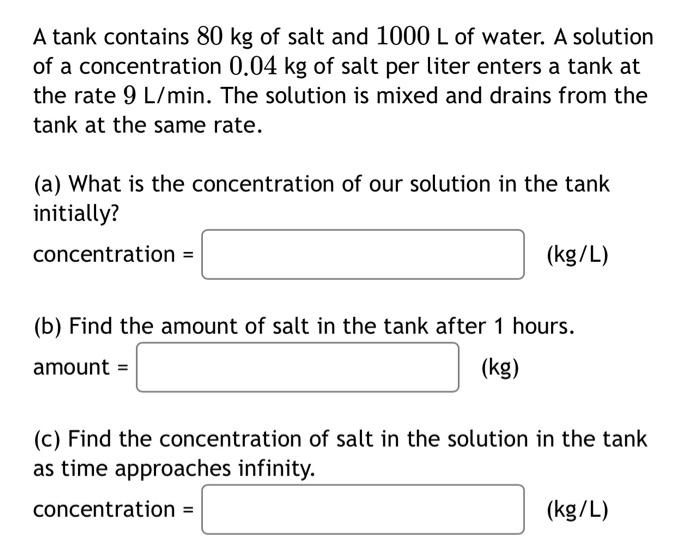 Solved A tank contains 80 kg of salt and 1000 L of water. A | Chegg.com