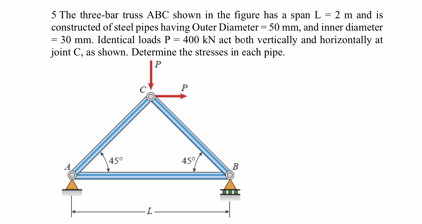 Solved 5 ﻿The three-bar truss ABC shown in the figure has a | Chegg.com