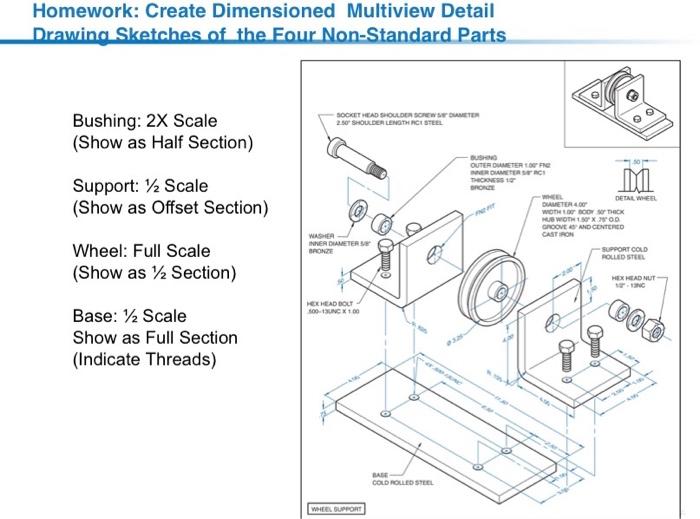 Solved Homework: Create Dimensioned Multiview Detail Drawing | Chegg.com