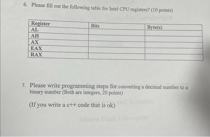 Solved 6. Please fill out the following table for Intel CPU | Chegg.com