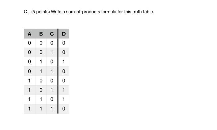 Solved C. (5 points) Write a sum-of-products formula for | Chegg.com