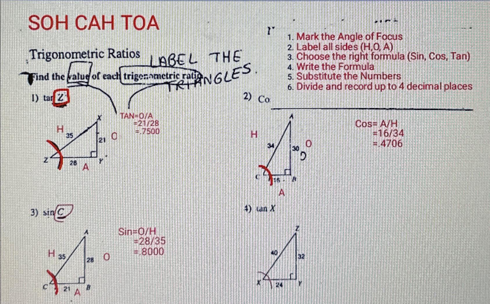 Solved SOH CAH TOArTrigonometric RatiosTHEMark the Angle of | Chegg.com