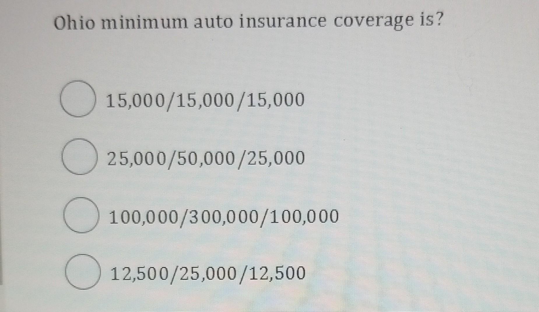 Solved Ohio minimum auto insurance coverage is? | Chegg.com