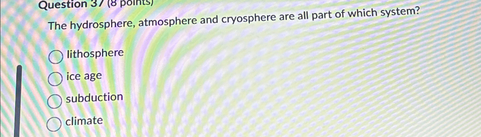 Solved The hydrosphere, atmosphere and cryosphere are all | Chegg.com