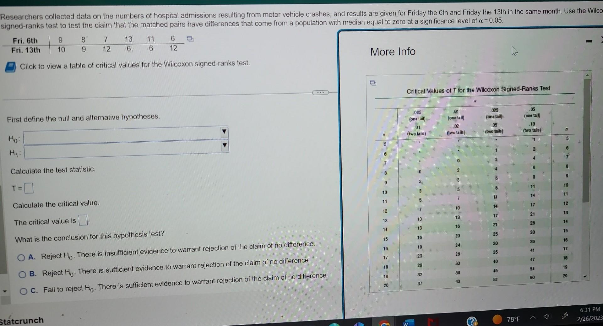 Solved More Info Click to view a table of critical values | Chegg.com