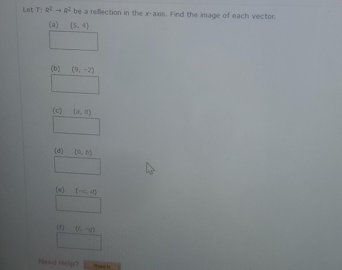 Solved Let T:R2→R2 be a reflection in the x-axis. Find the | Chegg.com