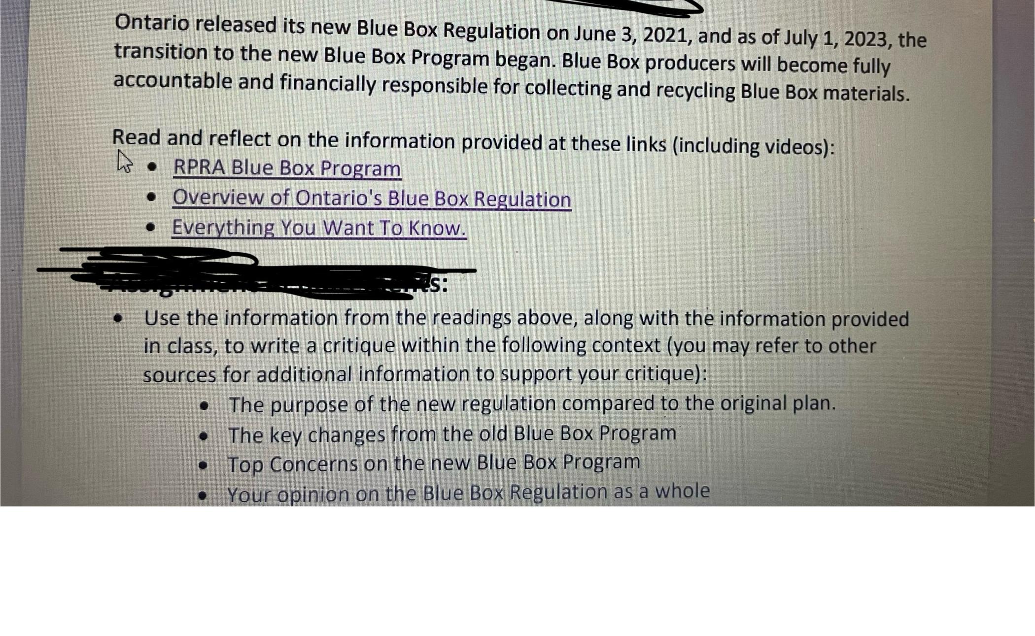 Solved Ontario released its new Blue Box Regulation on June | Chegg.com