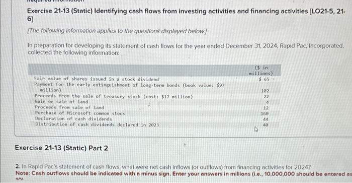 Solved Exercise 21-13 (Static) Identifying cash flows from | Chegg.com
