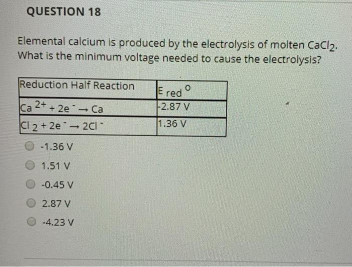 Solved QUESTION 18 Elemental calcium is produced by the | Chegg.com