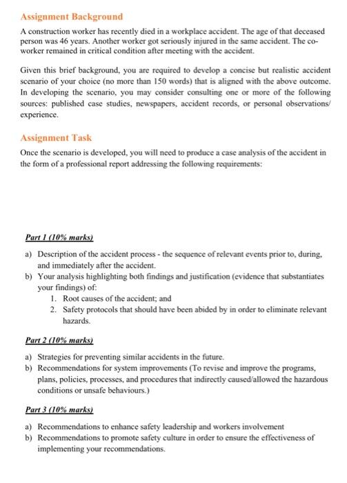 Solved Assignment Background A construction worker has | Chegg.com