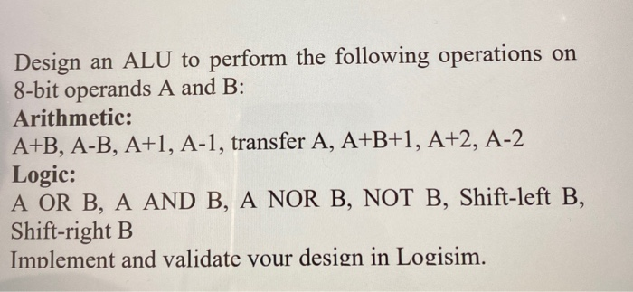 Design an ALU to perform the following operations on | Chegg.com