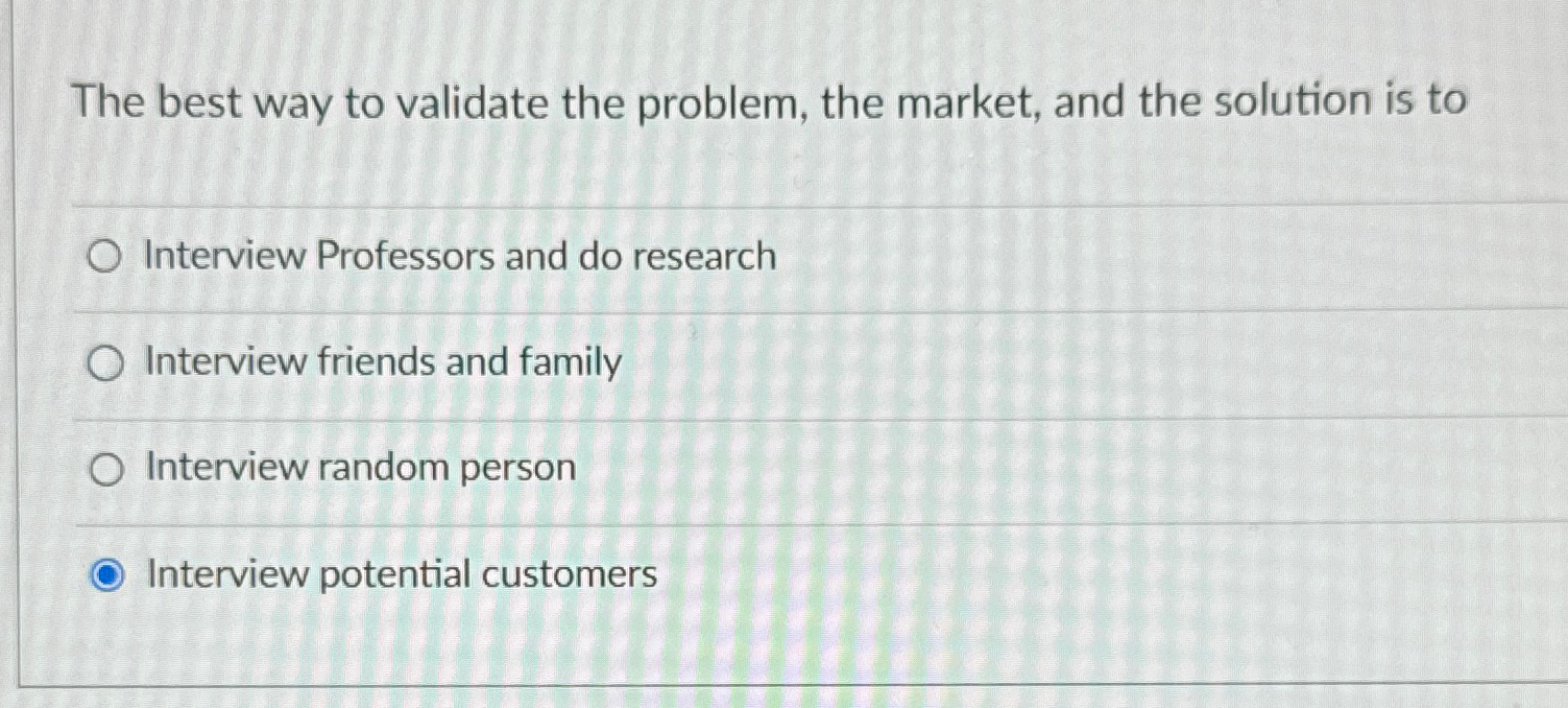 Solved The best way to validate the problem, the market, and | Chegg.com
