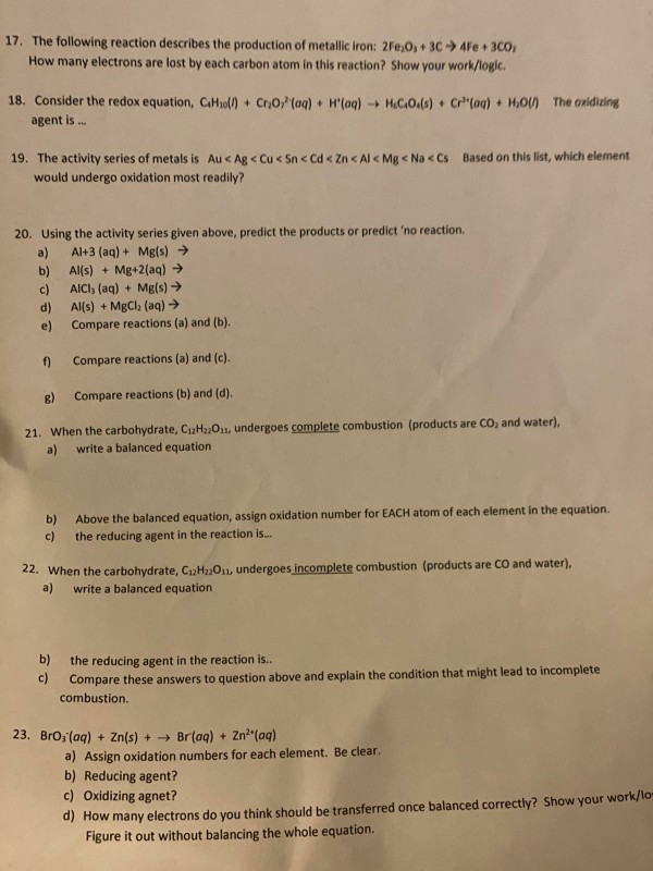Solved 17. The following reaction describes the production | Chegg.com