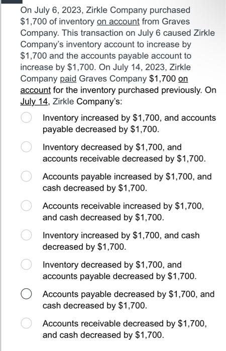 Solved On July 6, 2023, Zirkle Company purchased $1,700 of | Chegg.com