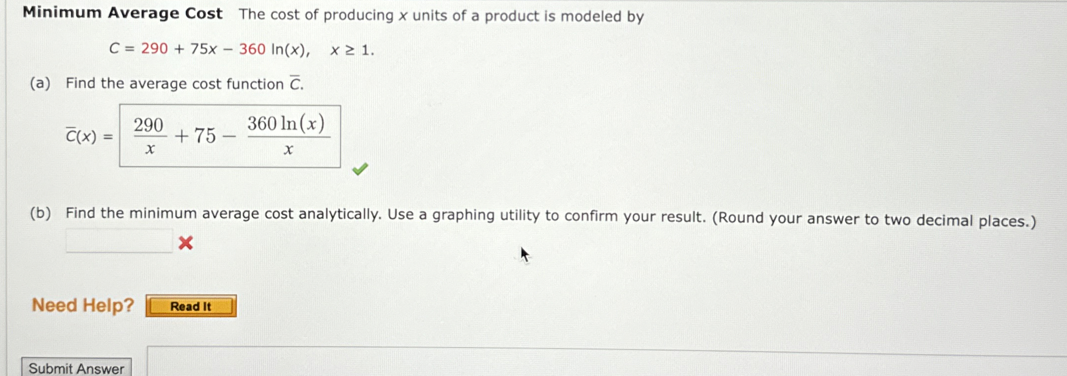 Solved Minimum Average Cost The cost of producing x ﻿units | Chegg.com