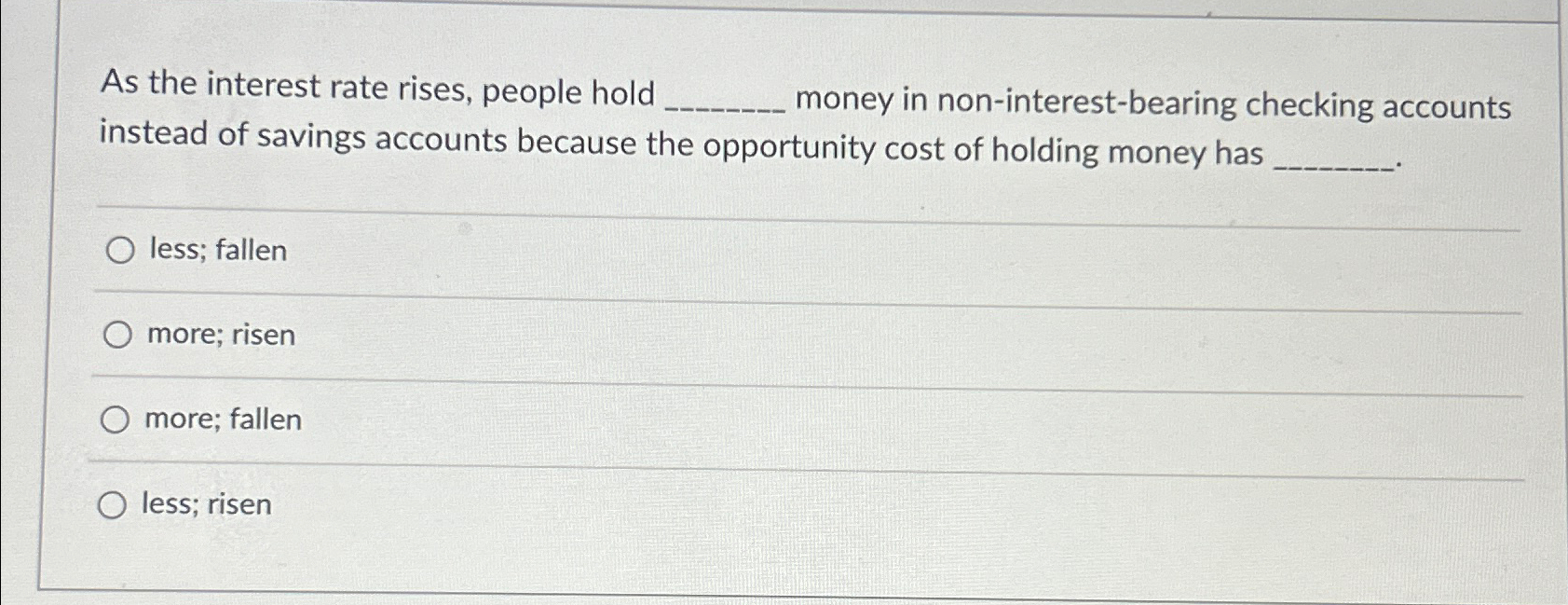 Solved As the interest rate rises, people hold money in | Chegg.com
