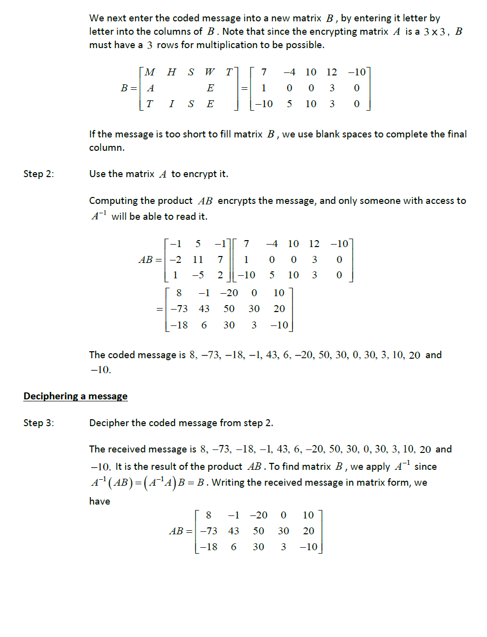 Solved We next enter the coded message into a new matrix B, | Chegg.com