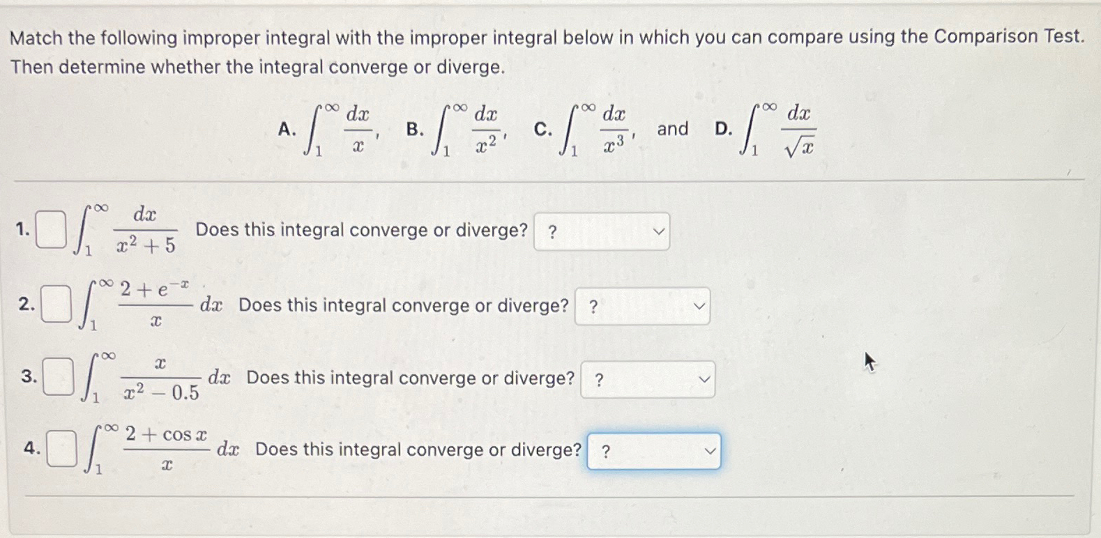 Solved Match the following improper integral with the | Chegg.com