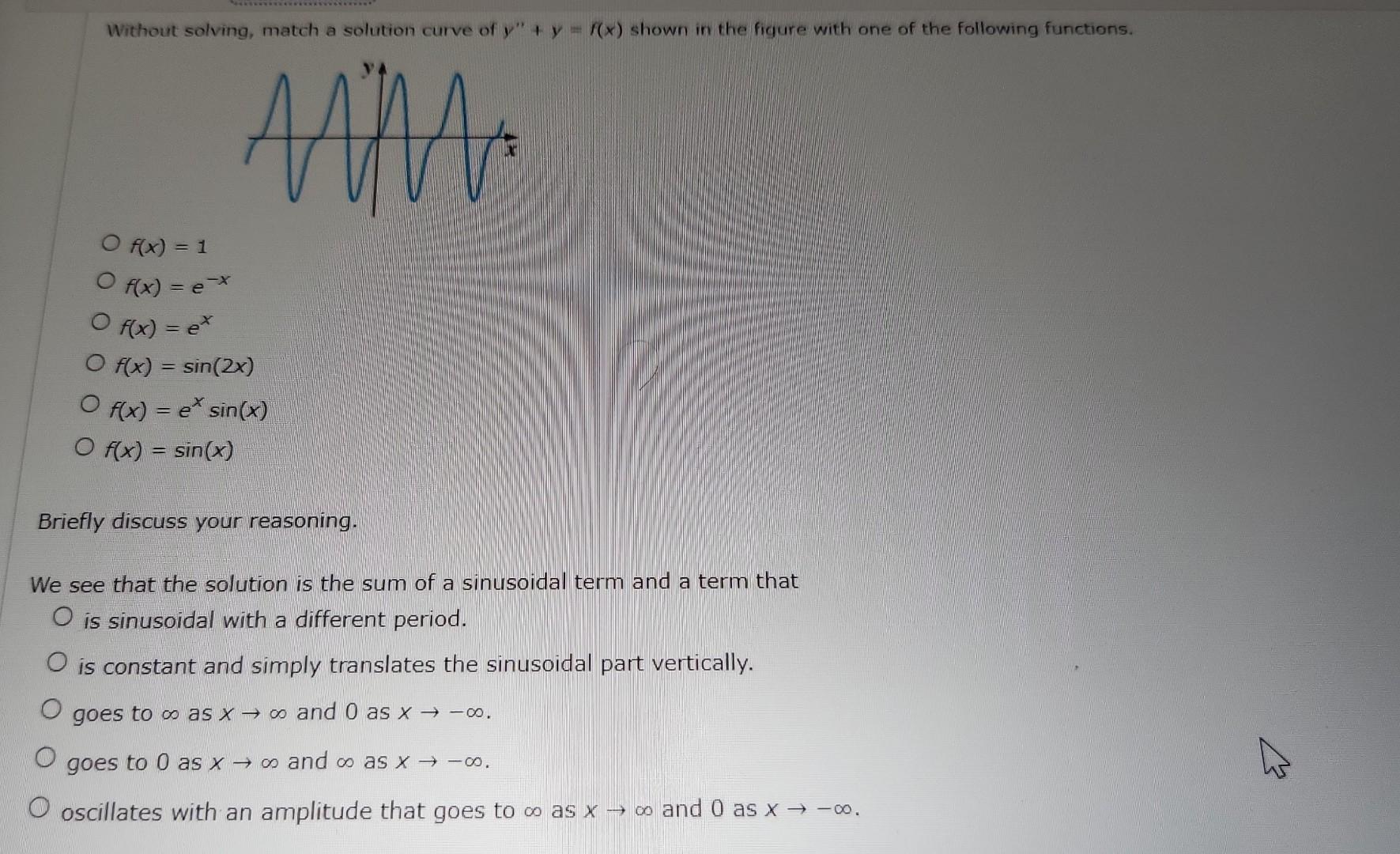Solved Without solving, match a solution curve of y′′+y=f(x) | Chegg.com