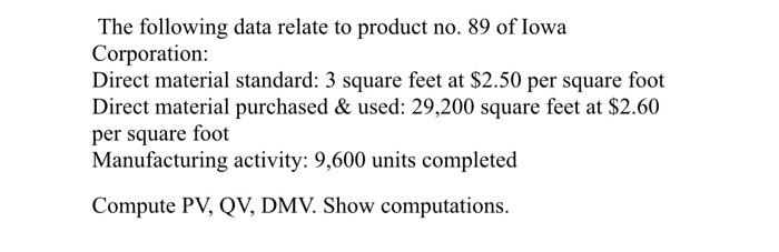 Solved The following data relate to product no. 89 of Iowa | Chegg.com