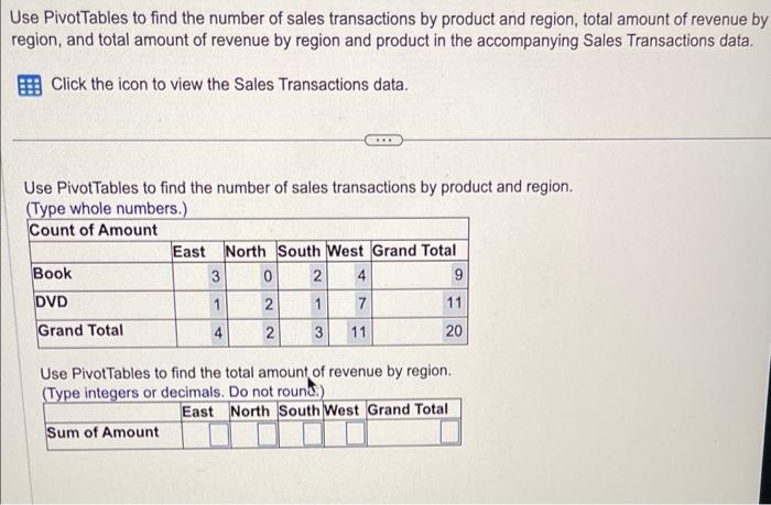 Solved Use PivotTables to find the number of sales | Chegg.com
