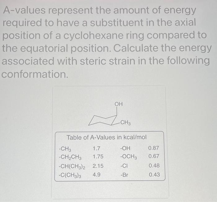 Solved A-values represent the amount of energy required to | Chegg.com