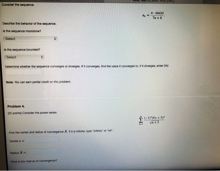 Solved hane maths shor Consider the sequence a,= n.sin(n) 7n | Chegg.com