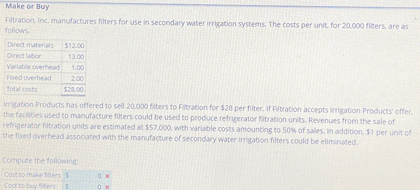 Solved Make or BuyFiltration, Inc. manufactures filters for | Chegg.com