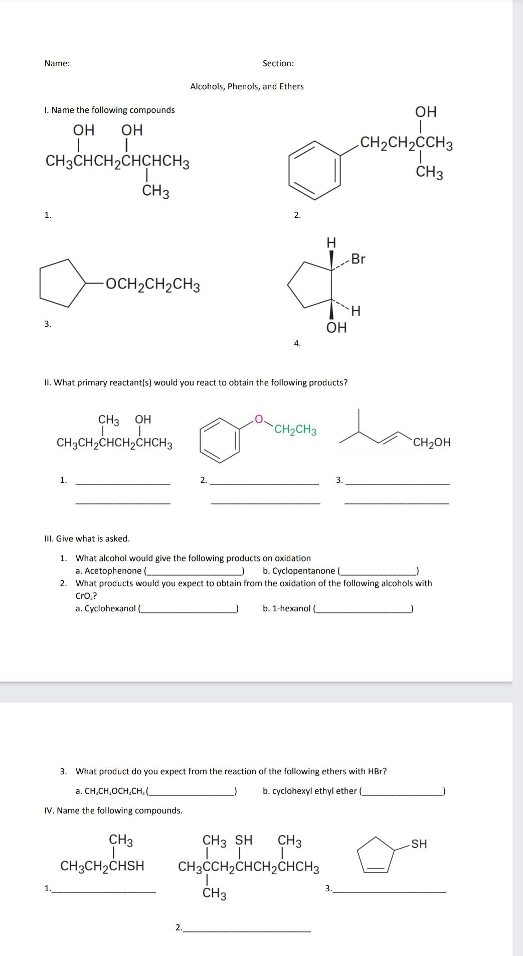 Solved Name: Section: Alcohols, Phenols, and Ethers 1. Name | Chegg.com