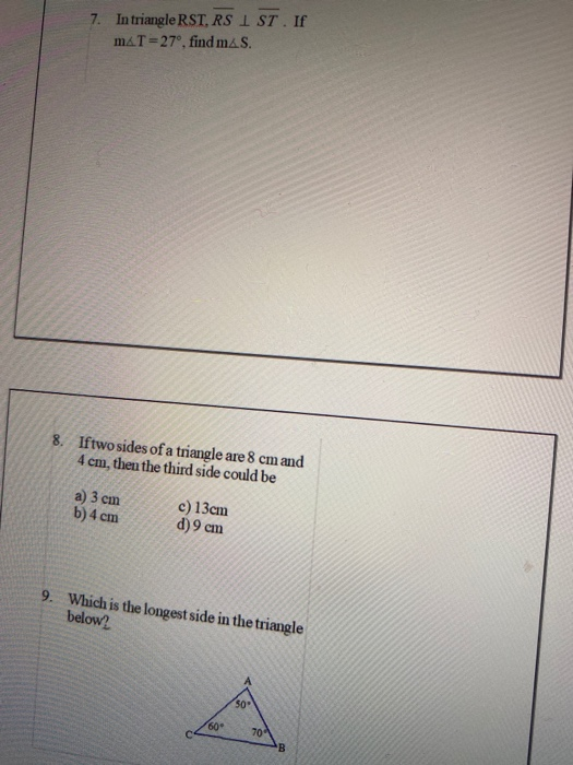Solved 7. In triangle RST.RS I ST. If m2.T=27°, find m2.S. | Chegg.com