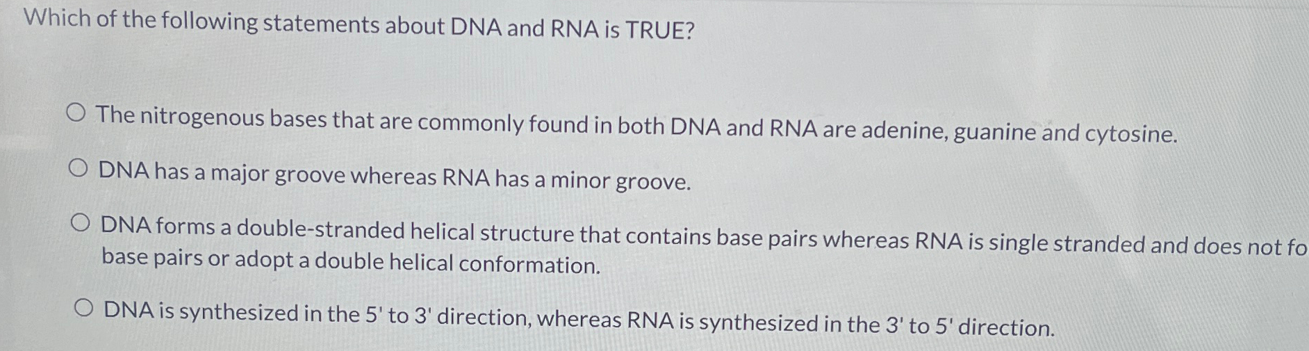 Solved Which of the following statements about DNA and RNA | Chegg.com
