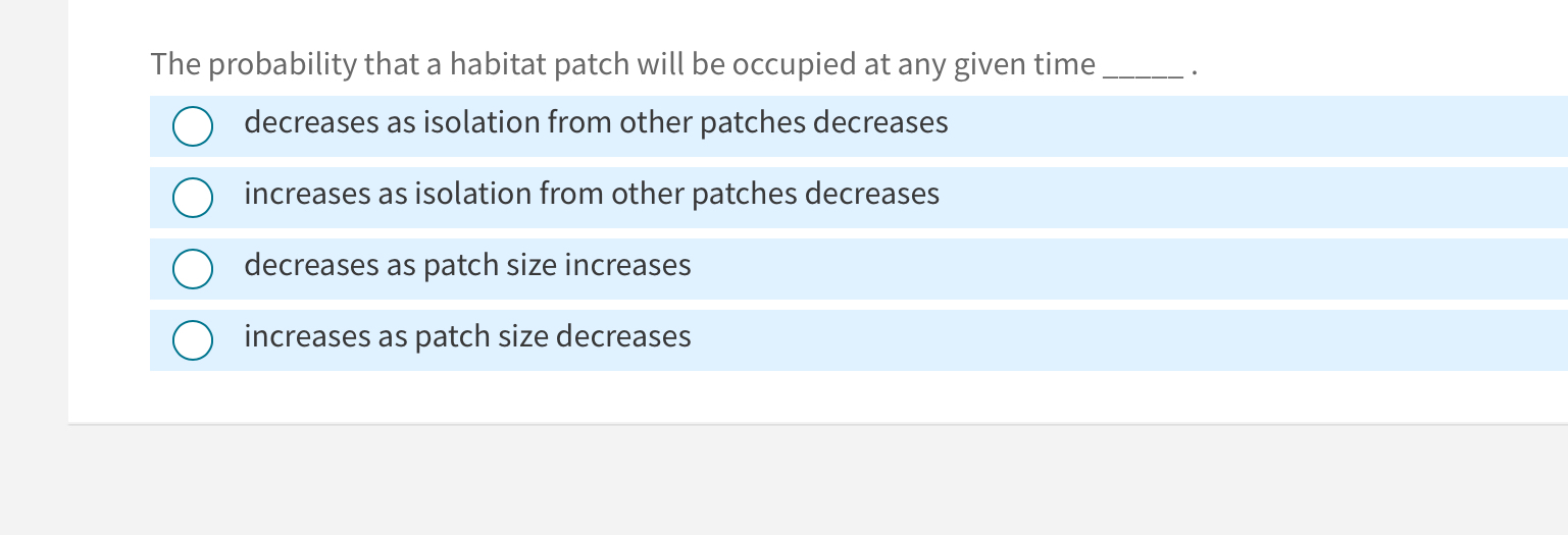 Solved The probability that a habitat patch will be occupied | Chegg.com
