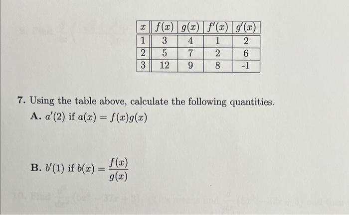 Solved 7. Using the table above, calculate the following | Chegg.com