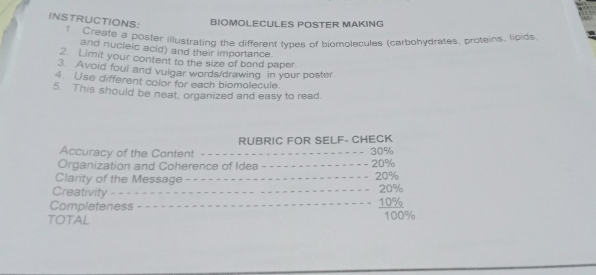Solved INSTRUCTIONS: BIOMOLECULES POSTER MAKING 1. Create a | Chegg.com