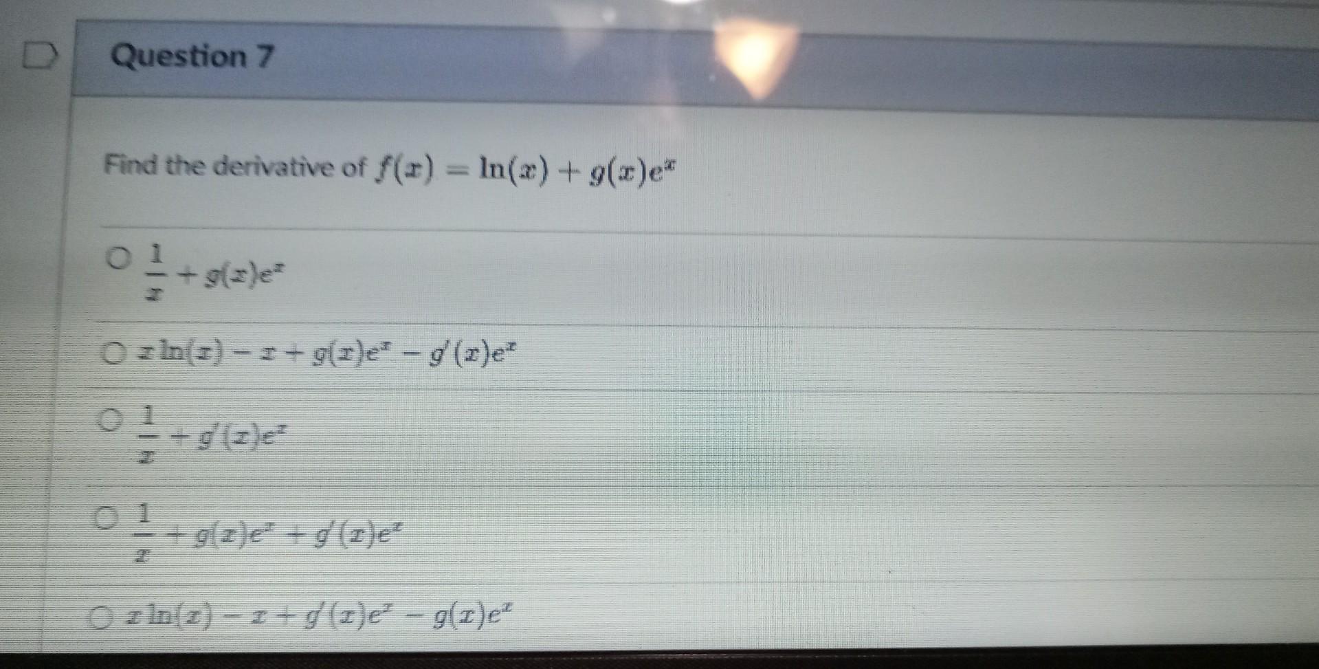 Solved Find the derivative of f(x)=ln(x)+g(x)ex | Chegg.com