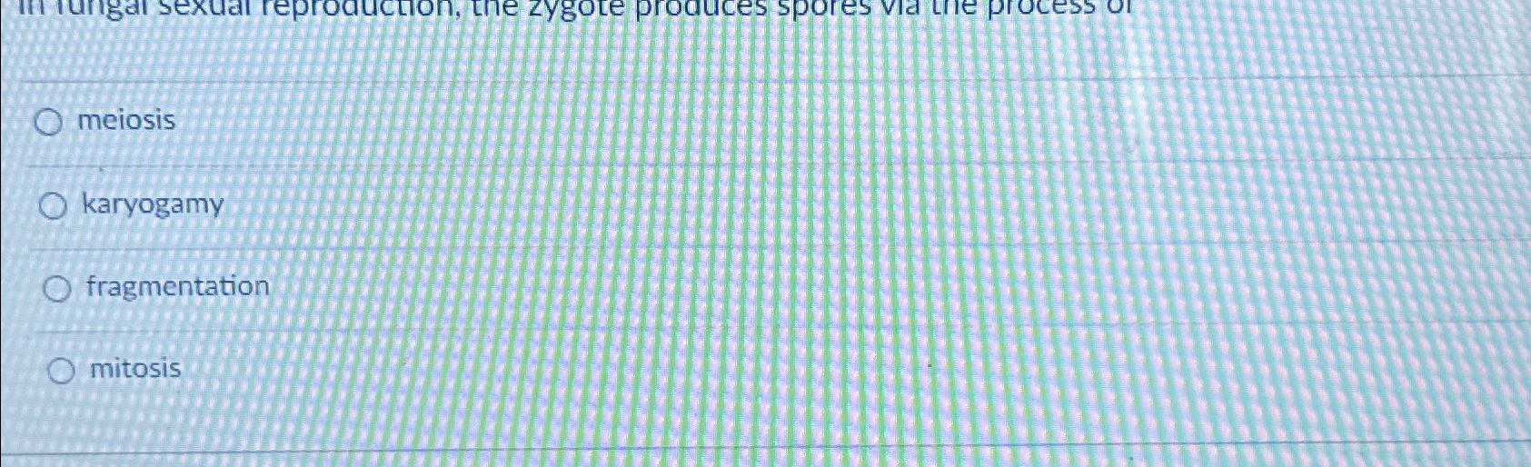 Solved meiosiskaryogamyfragmentationmitosis | Chegg.com