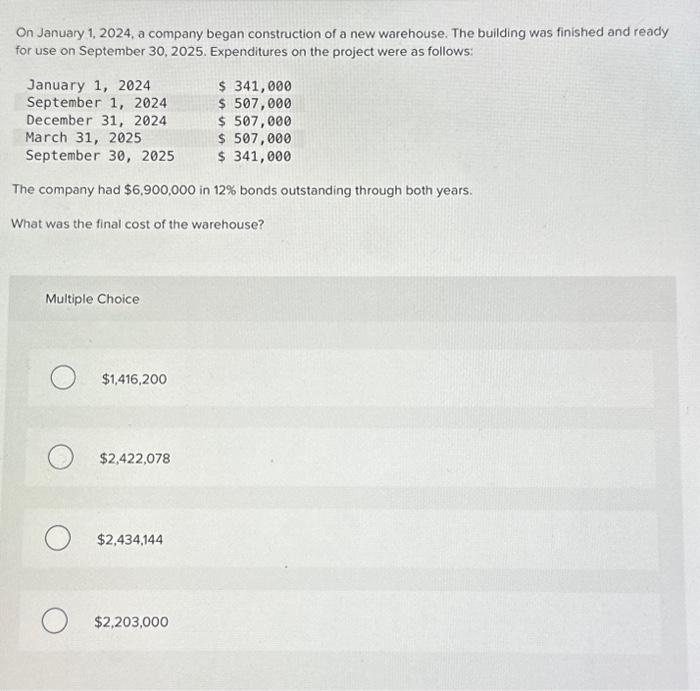 Solved On January 1, 2024, a company began construction of a | Chegg.com
